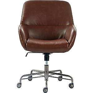Tommy Hilfiger Forester Luxury Bonded Leather Home Office Chair, Modern Round Swivel Accent Seating, Adjustable Height, Cognac Brown