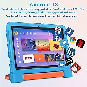 Kids Tablet 10 inch Android 13 Tablets for Kid with Shockproof Case, 12GB+128GB, Octa-Core, 1280 X 800 HD Touchscreen, IWAWA Pre-Installed Parental Control, 2.4G/5G WiFi, 6000mAh, Bluetooth-Blue