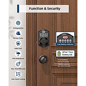 TEEHO TE002K Fingerprint Door Lock Set - Keyless Entry Door Lock with Handle - Door Knob with Keypad Deadbolt - Smart Locks for Front Door - Auto Lock - No Need App - Easy Installation - Bronze