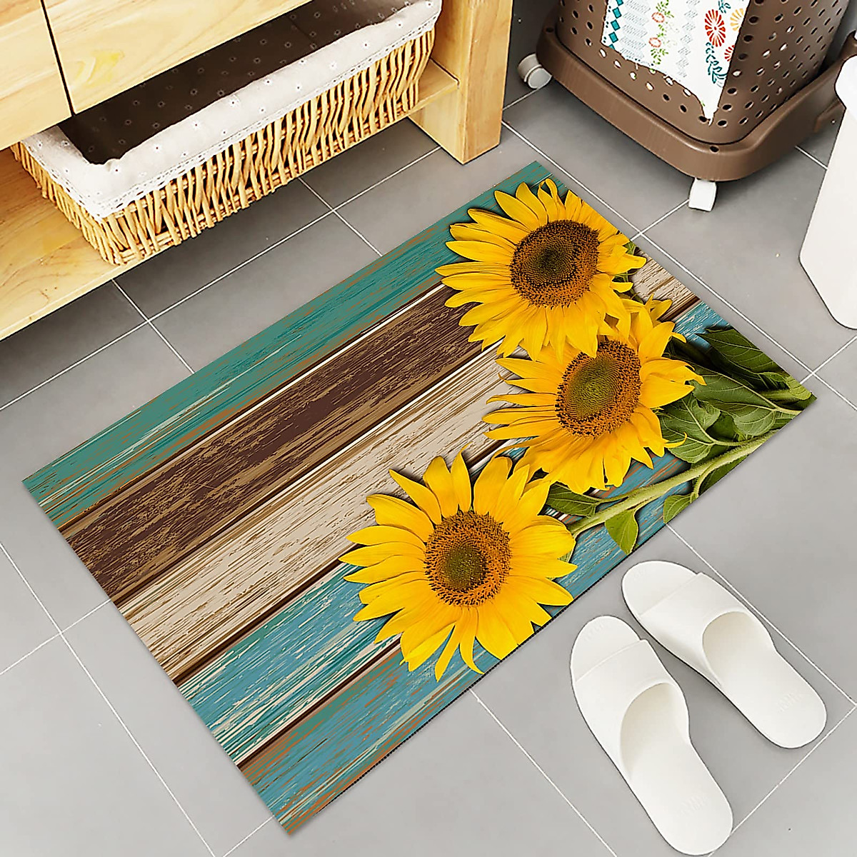 Housein Kitchen Rugs and Mats Non Skid Washable, Wooden Texture Sunflower Absorbent Floor Runner Rugs and Carpets for Kitchen, Lau 15.7x23.6 inch+15.7x47.2 inch