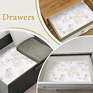 Shelf Liners for Kitchen Cabinets 12in x 20FT Non Adhesive Drawer Liner Gold Floral Thickened Shelf Liner Paper Strong Non-Slip Easy to Clean for Tool Box Refrigerator with Knife and Tape Measure