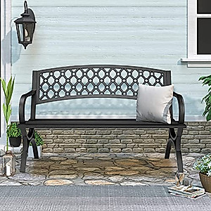 Outdoor Bench Garden Bench, Weatherproof Anti-Rust Heavy-Duty Outside Bench Clearance, Wrought Iron Metal Bench for Front Porch, Patio, Park, Ergonomic Backrest, Slatted Seat, Black/ 50 Inch furniture