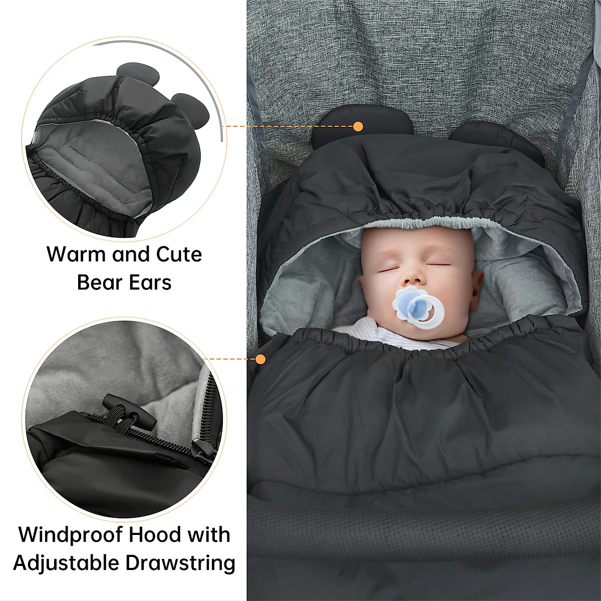 Stroller Bunting Bag for Baby, Infant Bunting Bag Winter Baby Sleeping Bag for Stroller Footmuff Waterproof, Warm Bunting Bag Toddler Sleeping Bag, Outdoor Universal Baby Bunting Bag, Black