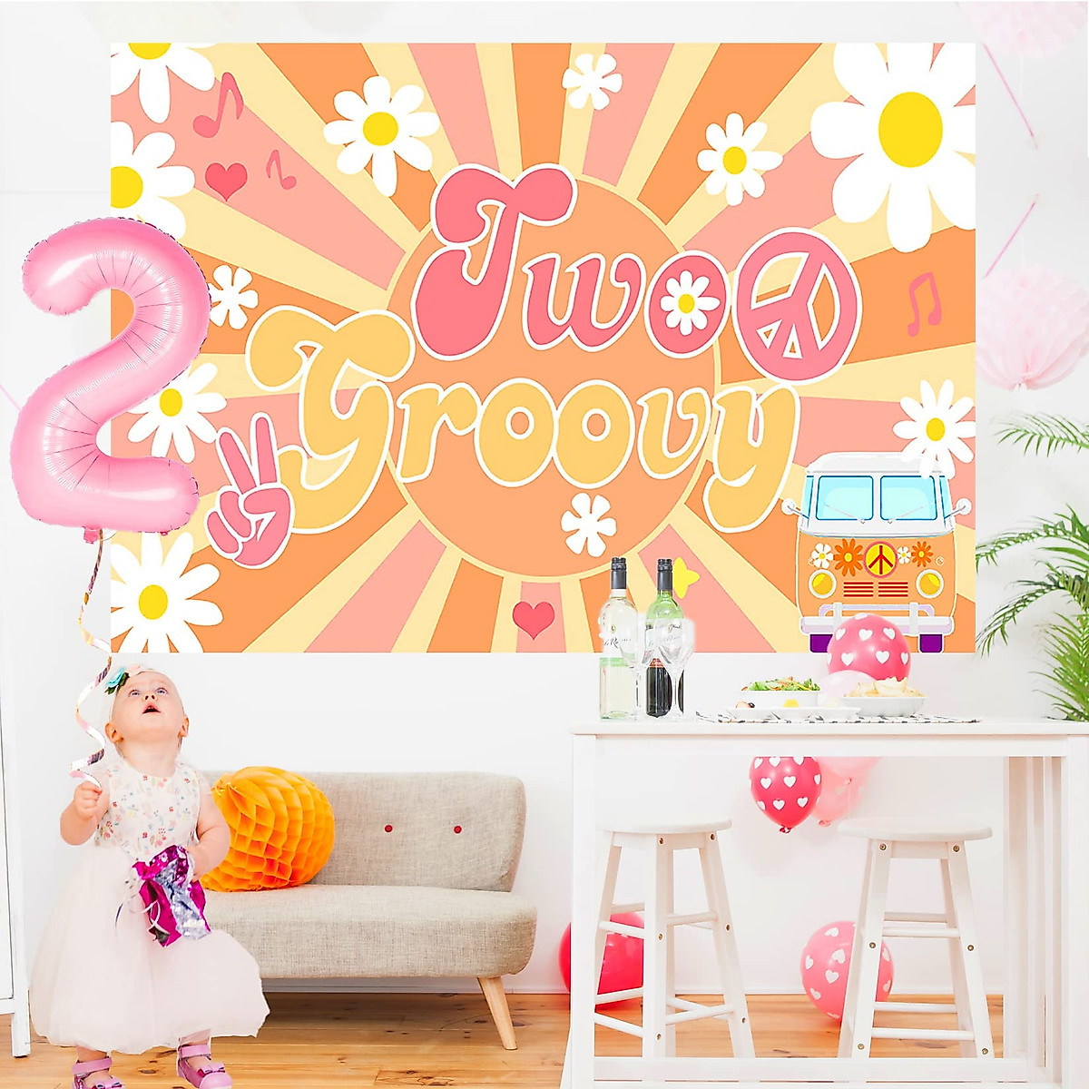 Two Groovy Party Decorations, Two Groovy Birthday Decorations, Groovy Balloon Arch, Backdrop, Two Groovy Cake Topper for Hippie Second Birthday Party Decorations, Girl’s 2nd Birthday