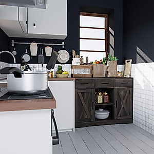 VVFLU Sideboard Buffet Cabinet with Storage Kitchen Farmhouse Coffee Bar Cabinet, Drawers, Removable Wine Rack, Wine Glass Rack, Barn Doors, Adjustable Shelves for Dinning Room, Brown (Coffee Wood)