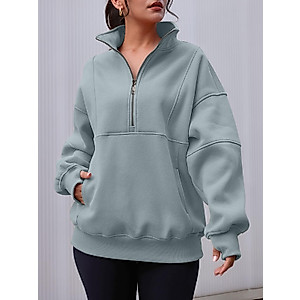 AUTOMET Women's Half Zip Oversized Sweatshirts Fleece Pullover Long Hoodies Casual Mock Turtleneck Sweaters with Pockets GreyGreen L