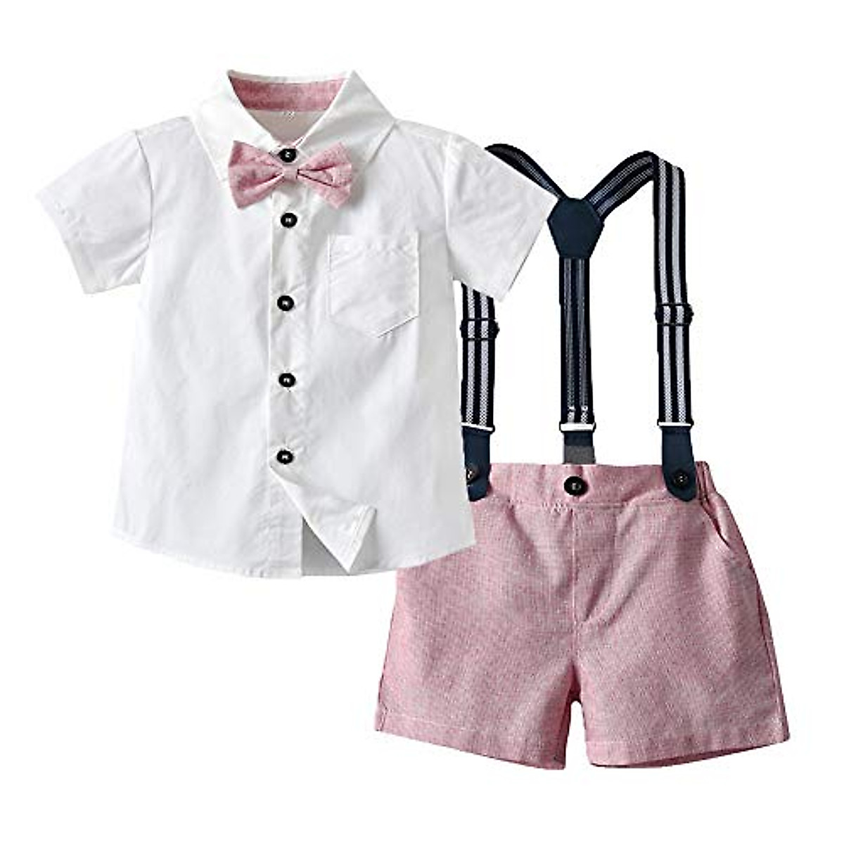 HIMEAN Baby Boys Gentleman Outfits Clothes, Toddler Summer Short Sleeve Bowtie Shirt+Suspender Shorts Set(Pink, 80/12-18 Months)