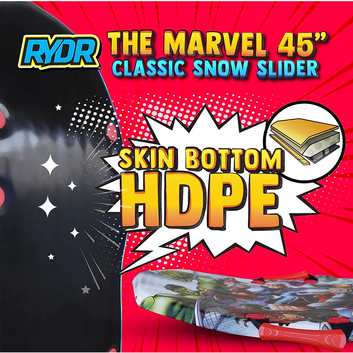 RYDR Marvel 45" Two Person Snow Slider Sled - Kids Downhill Toboggan Winter Sleds Plastic Sledding Board Xtreme Foam Heavy Duty Racer Sleigh for Children