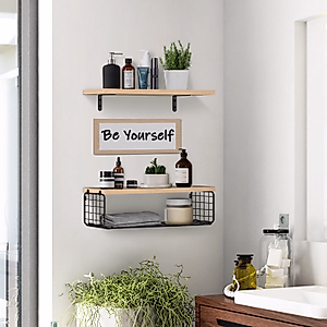 KOROI Bathroom Shelves Over Toilet，Floating Shelves Wall Mounted with Storage Basket，Wall Shelves for Bathroom，Bedroom,Living Room (Light Brown)