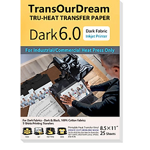 TransOurDream Iron on Heat Transfer Paper for Heat Press (25 Sheets, 8.5x11", Dark 6.0) Printable HTV Heat Transfer Vinyl for T Shirts Iron on Transfers for Inkjet Printer (TRANS-D6-20)