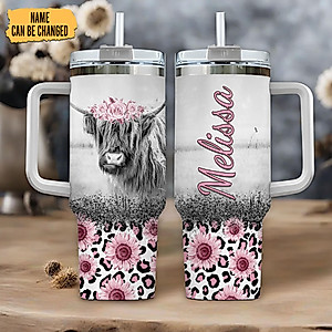 Hyturtle Personalized Gifts For Highland Cow Lover Tumbler 40oz with Handle and Straw - Stainless Steel Travel Coffee Cup With Lid - Cute Farm Animal Lover Gifts For Women, Girl On Birthday Christmas