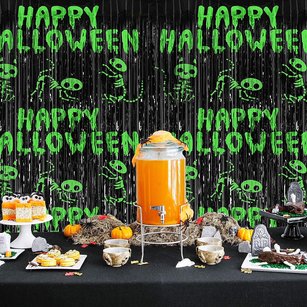 2 Pack Halloween Foil Fringe Curtains Decorations, 3.3 x 6.6 FT Black Tinsel Fringe Curtain Cat Happy Halloween Decorations Indoor Photo Backdrop Streamers for Home Halloween Party Decor