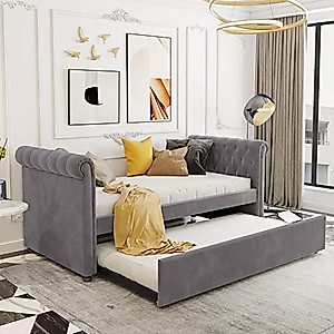 LCH Twin Size Daybed, Upholstered Daybed with Trundle, Wood Daybed Twin Size, Sofa Bed for Bedroom,Livingroom, Wood Slat Support Day Bed Frame,Easy Assembly,No Box Spring Needed,Grey