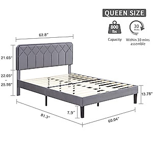 VECELO Queen Size Bed Frame Premium Upholstered Platform with Height Adjustable Headboard/Mattress Foundation Solid Wooden Slat Support, No Box Spring Needed/Easy Assembly, Dark Grey