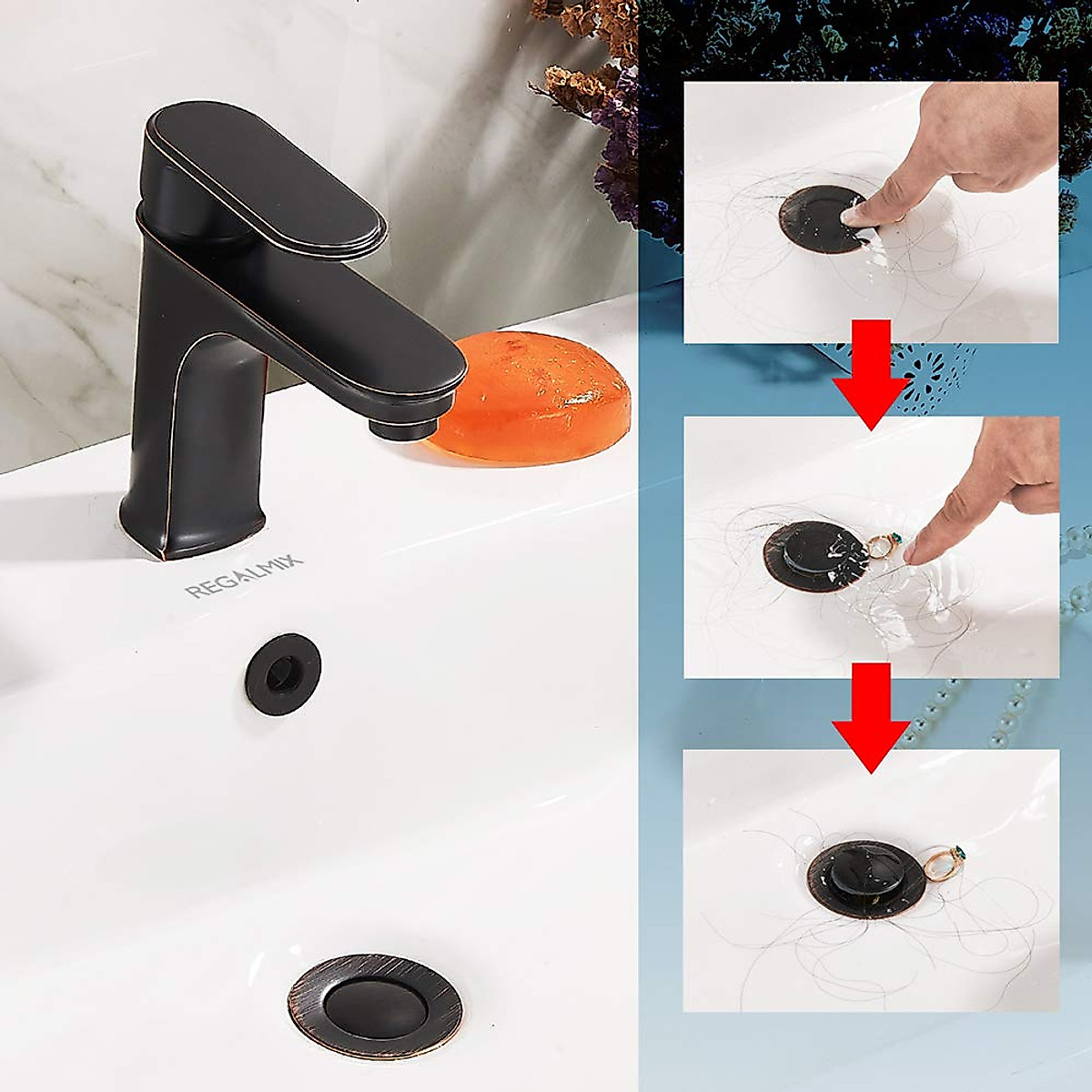 REGALMIX Oil Rubbed Bronze Pop UP Drain, Bathroom Vessel Lavatory Vanity Faucet Sink Stopper, Built-in Anti-Clogging Strainer, Fits Standard Drain Hole(1-1/2" to 1-3/4"),Without Overflow R085C-ORB…