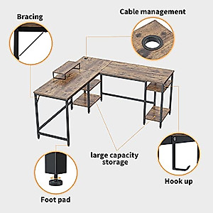 CubiCubi L Shaped Desk with Storage, 94.8 Inch Reversible Corner Computer Desk or 2 Person Long Table Desk, Home Office Large Gaming Writing Storage Workstation with Monitor Stand, Rustic Brown