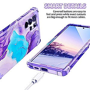 BQQFG for Galalxy S23 Ultra 5G Case,Marble Design Three Layer Heavy Duty Shockproof Hybrid Hard Plastic Bumper Soft Silicone Rubber Drop Protective Cover Case for Galaxy S23 Ultra 5G 6.8",Purple