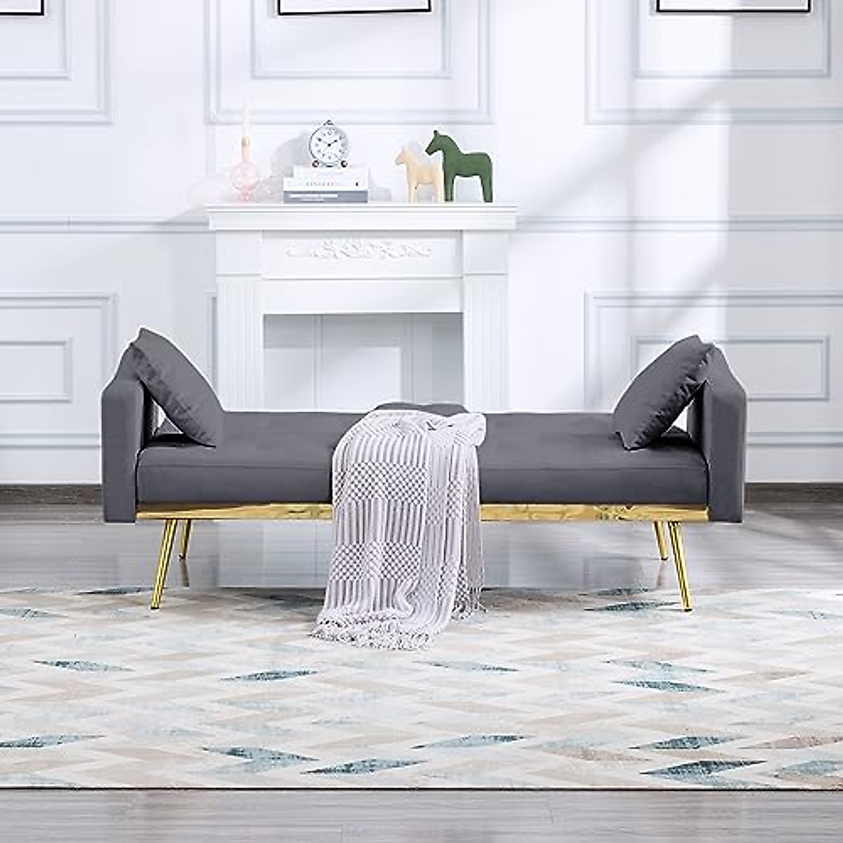 LCH 67.7, Upholstered Convertible Folding Sleeper Sofa Bed with Removable Armrests, Modern Futon Couch for Living Room, Bedroom, 2 Cupholders, Metal Legs, Dark Grey