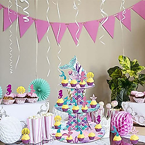 25 PCs Mermaid Cupcake Stand 3-Tier and Mermaid Cupcake Topper Set, Fiesec Mermaid Birthday Supplies Dessert Tower Holder Round Serving Stand Holder for Girls Under The Sea Starfish Seahorse Seashell