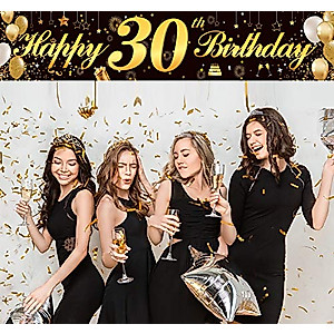 Happy 30th Birthday Banner,Birthday Party Sign Backdrop Banner For Men Women Cheer to 30 Years,Durable Black&Gold Glitter Birthday Sign Yard Sign For 30th Birthday Party Decoration Supplies(30 Black)
