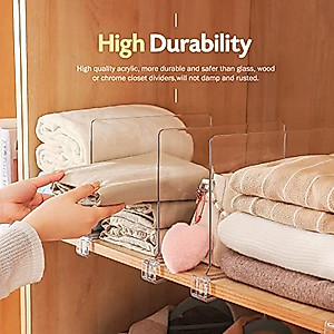 Sclvdi Acrylic Shelf Dividers,4 Pcs Closets Shelf Organizer for Clothing Handbags Books in Pantry, Bedroom and Kitchen, Adjustable Clear Closet Separator Wood Shelves Organize