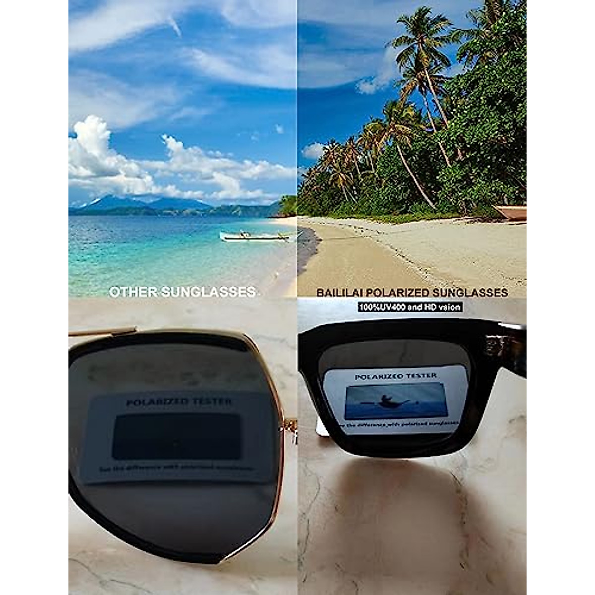 Baililai Small Rectangular Polarized Sunglasses for Men and Women with 100% UV Protection and HD Lens - Model 1404 (Black)