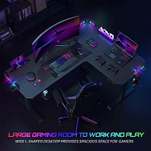 FEZIBO 63 Inch L Shaped Gaming Standing Desk, Electric Height Adjustable Gaming Desk with Triple Motors, Corner Stand up Desk with Cup Holder, Black Frame/Carbon Fiber Top