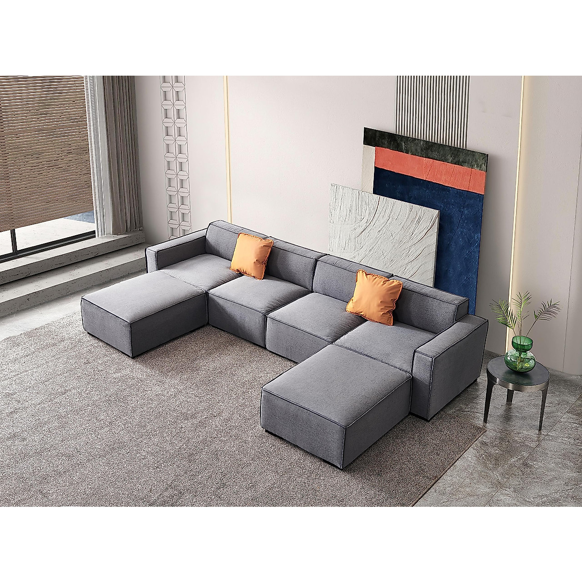 Moxoq Luxury Modern Modular U-Shaped Sectional Sofa Set, Minimalist Linen Fabric Upholstered Comfy Couch with Convertible Chaise, Large Cloud Couch for Living Room (Dark Grey, U-Shaped)