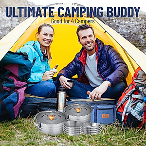 WEALERS Camping Cookware & Dinnerware Set- 17 Pieces Stainless Steel Pots and Pans Set with Plates, Bowls & Sporks in Travel Mesh Bag for Camping, Trekking, Backyard Picnic & Backpacking Gear