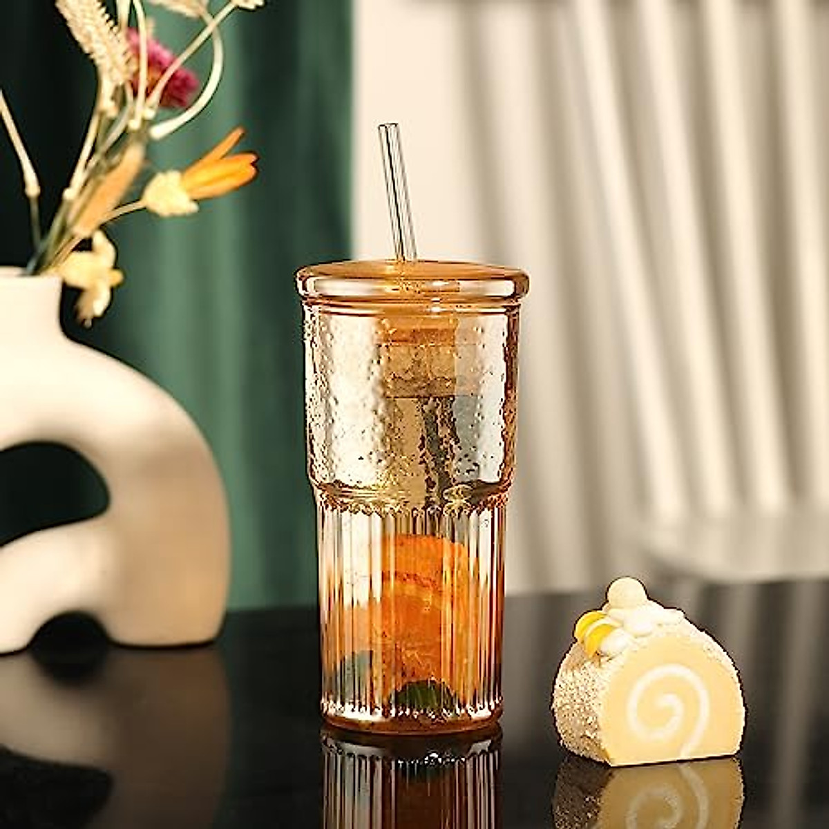 Joeyan 22 oz Amber Glass Tumbler with Straw and Lid for Iced Tea Coffee Smoothie Water Juice Beverages Soda,Ribbed Glasses Cups,Borosilicate Drinking Jar,Set of 2,Dishwasher Safe