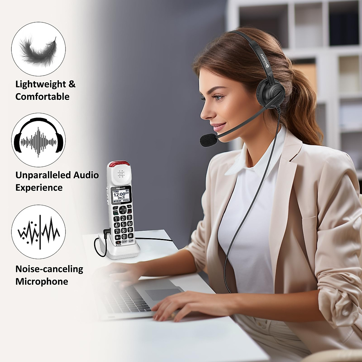 Phone Headset 2.5mm with Noise Canceling Mic & Volume Control Ultra Comfort Telephone Headset for Panasonic Vtech AT&T Uniden Gigaset Cisco RCA Grandstream Cordless Landline Office Phones