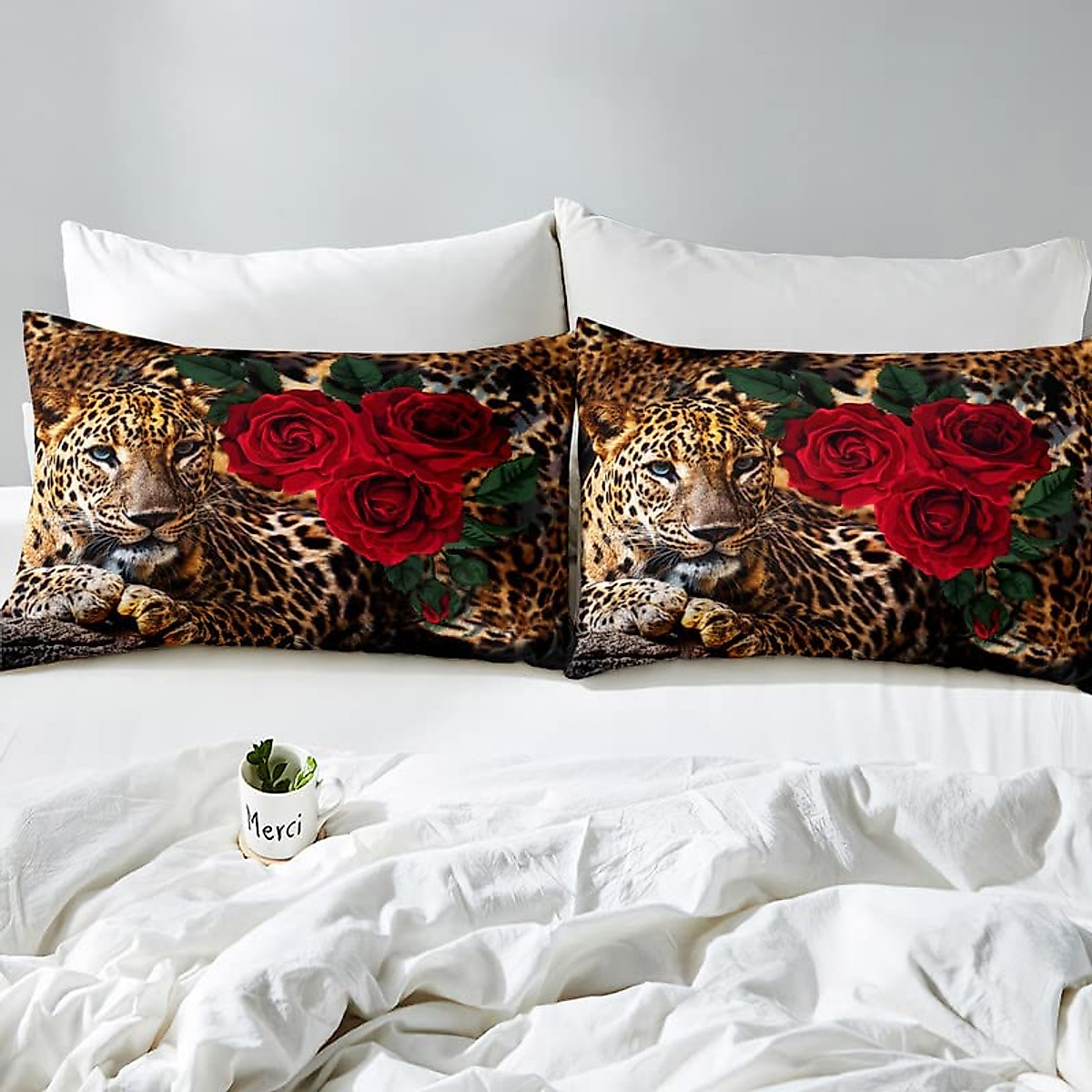 Feelyou Leopard Bedding Set for Girls Boys Kids Rose Cheetah Print Comforter Cover Set Room Decorative Leopard Pattern Duvet Cover Safari Yellow Red Bedspread Cover Room Decor Quilt Cover Queen Size