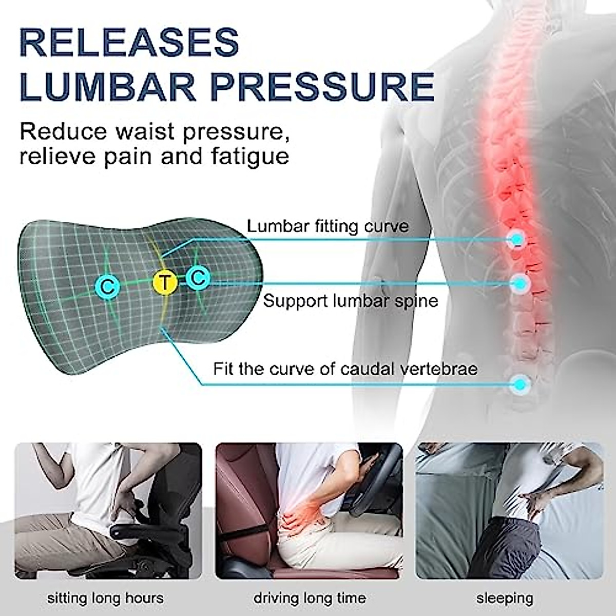 Dikuer Lumbar Support Pillow for Office Chair and Car Seat with Adjustable Strap, Anti-Slip Back Support Pillow for Lower Back Pain Relief, Ergonomic Memory Foam with Washable Cover for Bed, Travel
