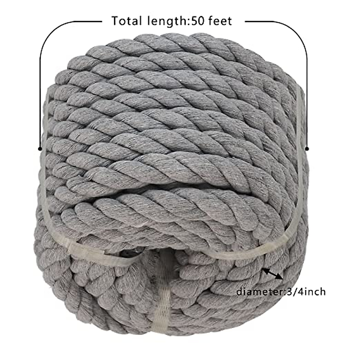 Gray Cotton Rope (3/4in x 50 ft) Strong Twisted Rope for DIY Crafts Gardening Hammock Home Decorating