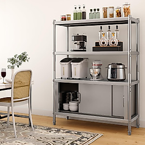 YITAHOME NSF Stainless Steel Shelves, 48"*18"*60" 4 Tier Storage Shelf with Cabinet, Heavy Duty Shelving for Kitchen Garage Office Restaurant Warehouse, 201 Bright Silver