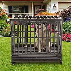 KELIXU 38” Heavy Duty Dog Crate Large Dog Cage Metal Dog Kennels and Crates for Large Dogs Indoor Outdoor with Locks, Lockable Wheels and Removable Tray, Easy to Install, Black