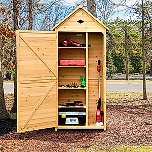 Goplus Wooden Storage Shed, Outdoor Storage Cabinet with 4 Shelves and Pitched Galvanized Sheet Roof, Lockable Garden Shed, Outside Tool Shed for Patio Yard Lawn