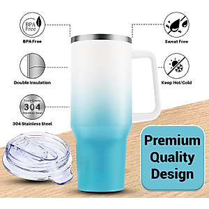 RAHATBEE 40 oz Tumbler with Handle and Straw Lid, 100% Leak-Proof Travel Coffee Mug, Reusable Stainless Steel Insulated Cup for Beverages, Keeps Cold for 34Hrs or Hot for 12Hrs (White-Blue)