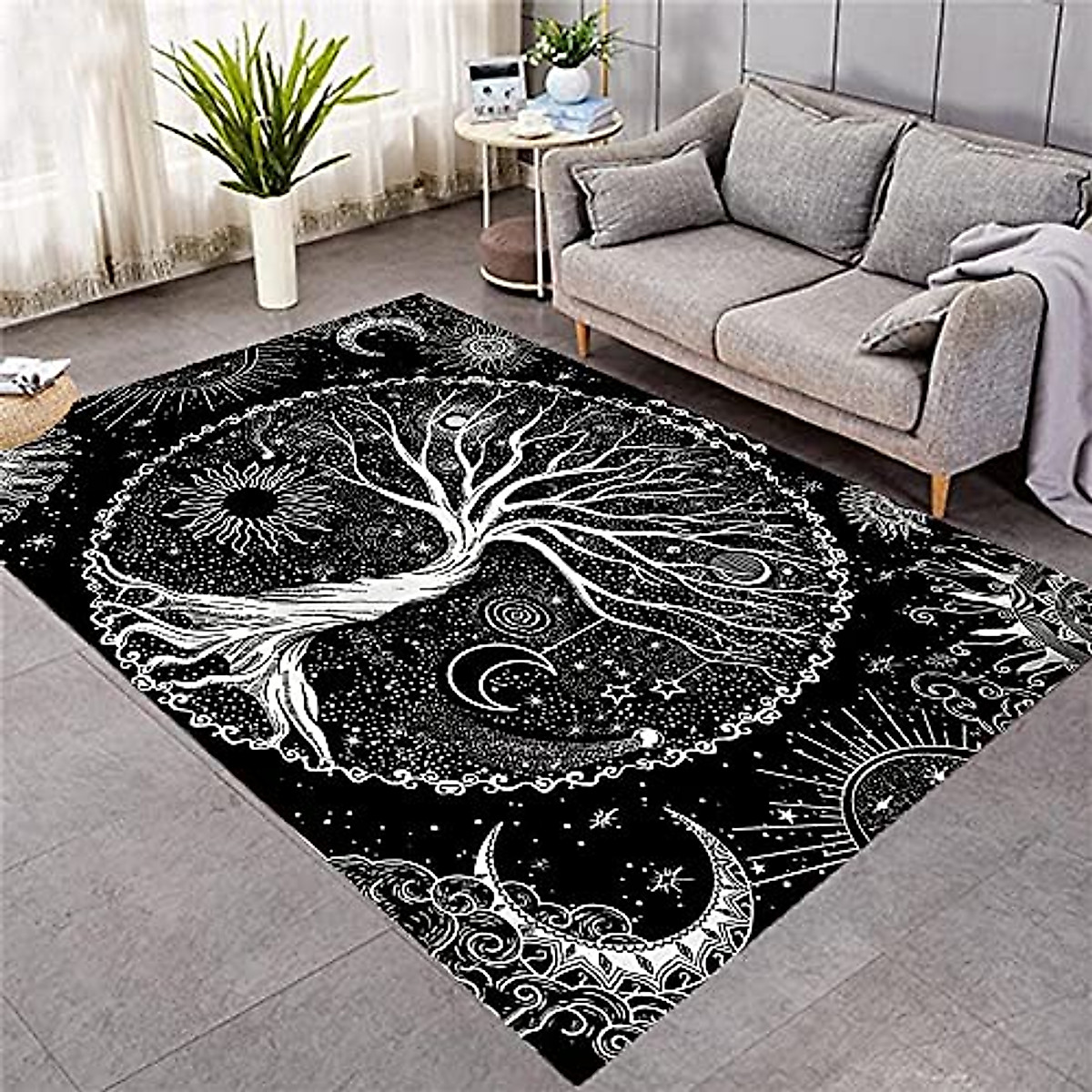 LGGQQW Tree of Life Area Rugs Black and White Carpets Sun Moon Star Area Rugs Constellation Goth Mystic Aesthetic Rugs for Bedroom Dorm Living Room