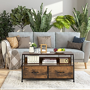 SILKYDRY Dresser TV Stand, Entertainment Center Media Console Table with 2 Folding Fabric Drawers & 2 Open Shelves for TV up to 43’’, Storage Drawer TV Unit for Bedroom, Living Room (Rustic Brown)