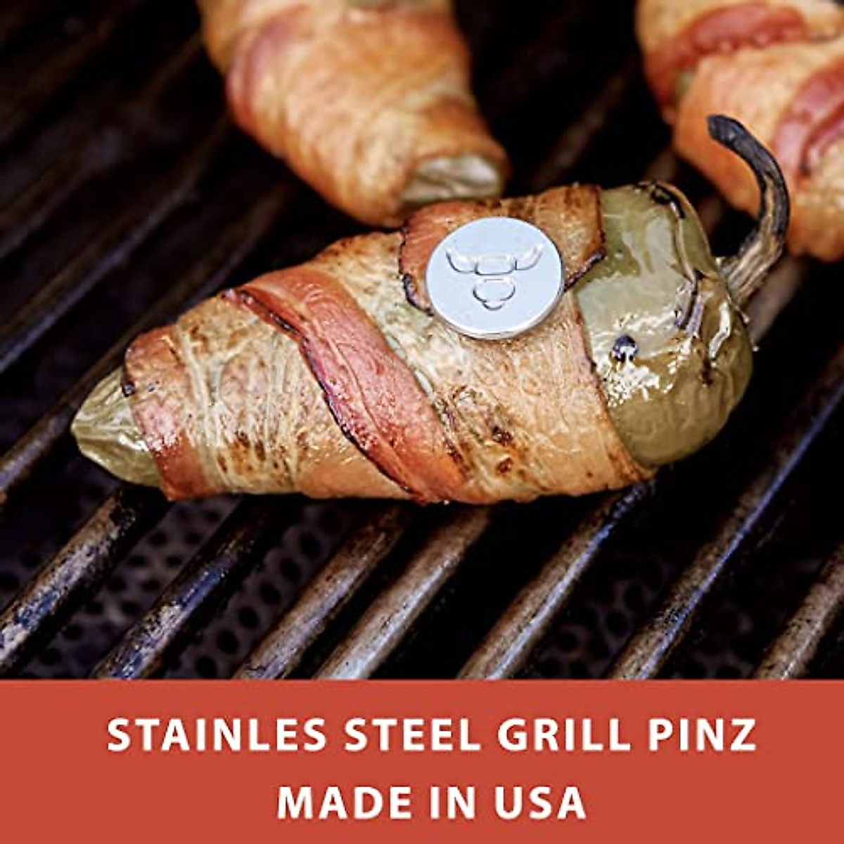GRILL PINZ- Stainless Steel Reusable Food & Steak Markers- Attach & Combine Food While Grilling (Better Than Grill Skewers or Steak Picks) Made in USA - Pack of 8 Pinz with Hardwood Storage Block