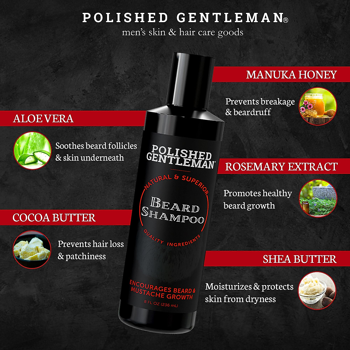 Polished Gentleman Beard Shampoo & Face Wash - 8oz, Refreshing with Peppermint, Tea Tree & Argan Oils for Thicker, Softer Beard