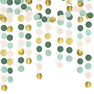 GCQQ Sage-Green Mint Beige-Gold Circle Garland, 52Ft Glitter Hanging Polka Dots Garlands, Sage Green Paper Circle Garland, Circle Garland for Baby Safari Bridal Shower Engagement Wedding Party Decor