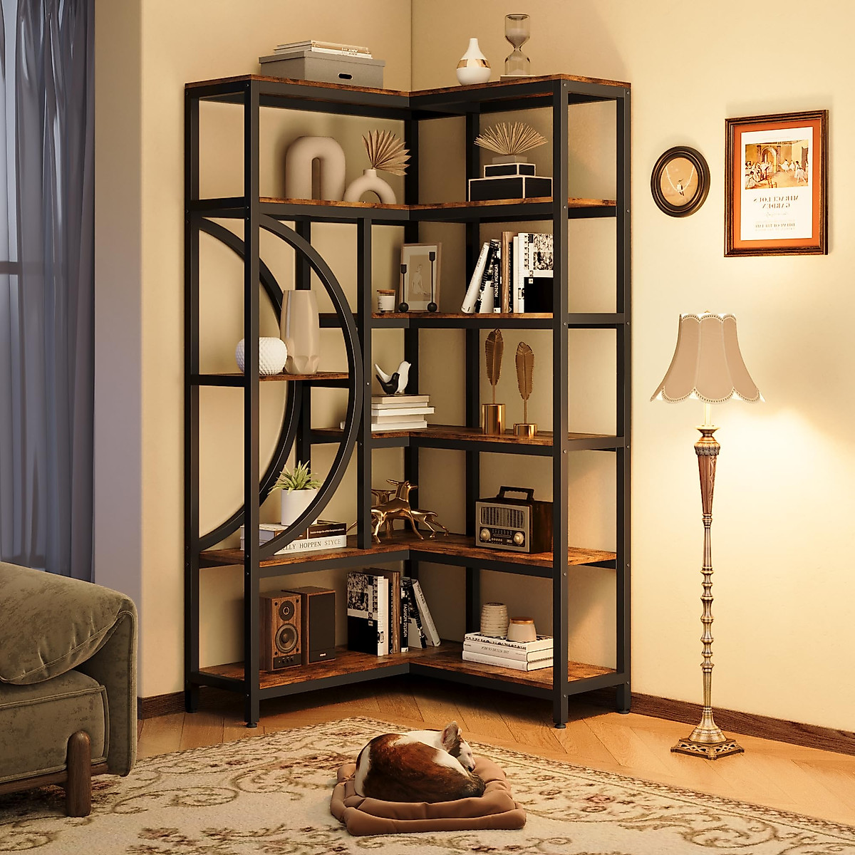 Knowfunn Industrial Corner Bookshelf with 6 Tier, L-Shaped Modern Bookcase, Large Corner Storage Rack, Wooden Corner Display Shelf for Home, Office, Living Room, Bedroom - Rustic Brown