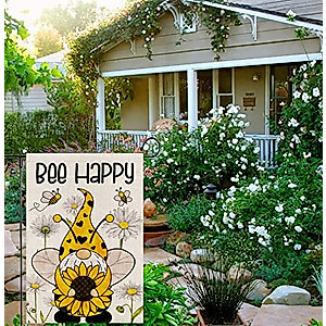 Texupday Bee Happy Gnome With Sunflower Daisy Decoration Double Sided Burlap Garden Flag Spring Summer Seasonal Outdoor Yard Flag 12" x 18"