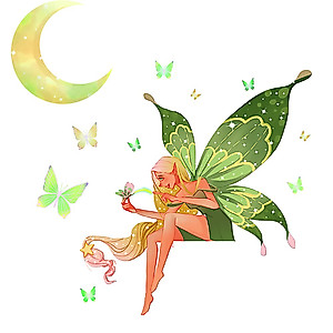 Glow in The Dark Butterfly Fairy Wall Sticker Luminous Moon Butterflys Wall Decals Cartoon Flower Fairy Princess Wall Stickers for Girls Bedroom Nursery Living Room Classroom Ceiling Decor Kids Gift