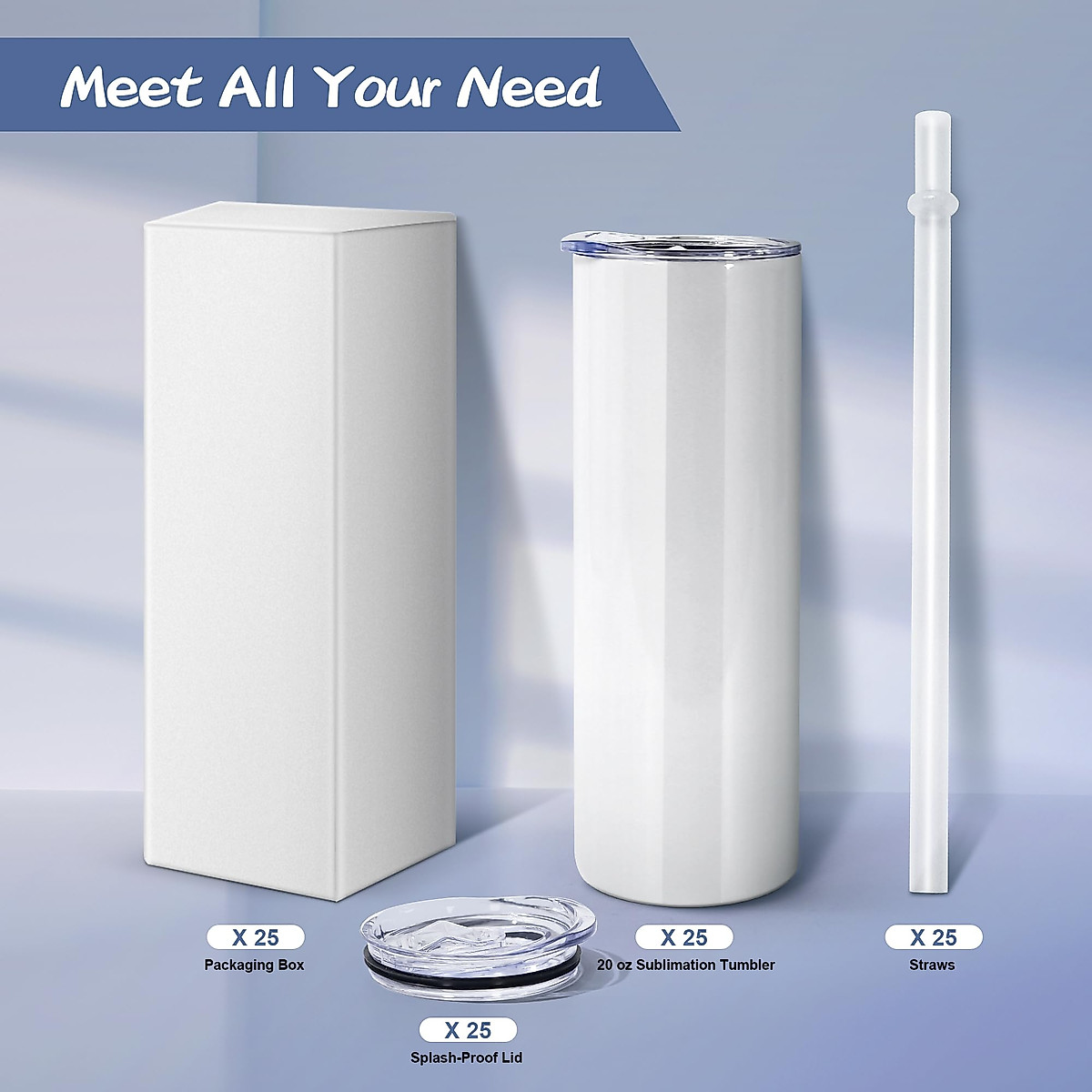 CHLJAR Sublimation Tumblers Bulk 20 oz Skinny, 25 Pack Stainless Steel Double Wall Insulated Straight White Blank Cups with Lid and Straw, Polymer Coating for Heat Transfer