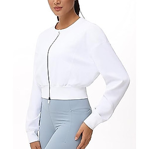 THE GYM PEOPLE Women's Cropped Jackets Full Zip Long Sleeve Ribbed Workout Sweatshirts Lightweight Casual Tops White