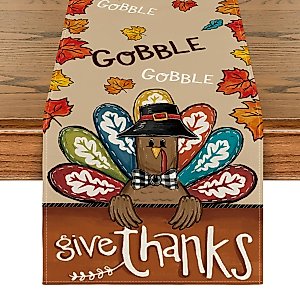 Artoid Mode Turkey Give Thanks Thanksgiving Table Runner, Seasonal Fall Autumn Kitchen Dining Table Decoration for Home Party Decor 13x72 Inch