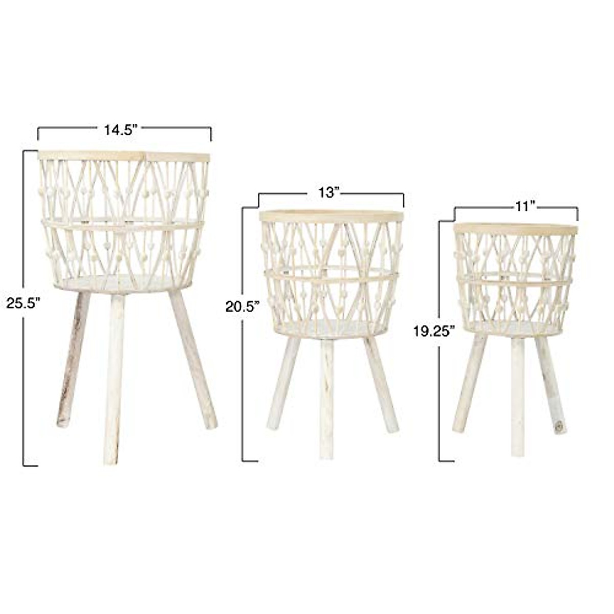 Creative Co-Op 19.25", 20.5" & 25.5" Bamboo Wood Legs & Whitewashed Finish (Set of 3 Sizes) Baskets, White